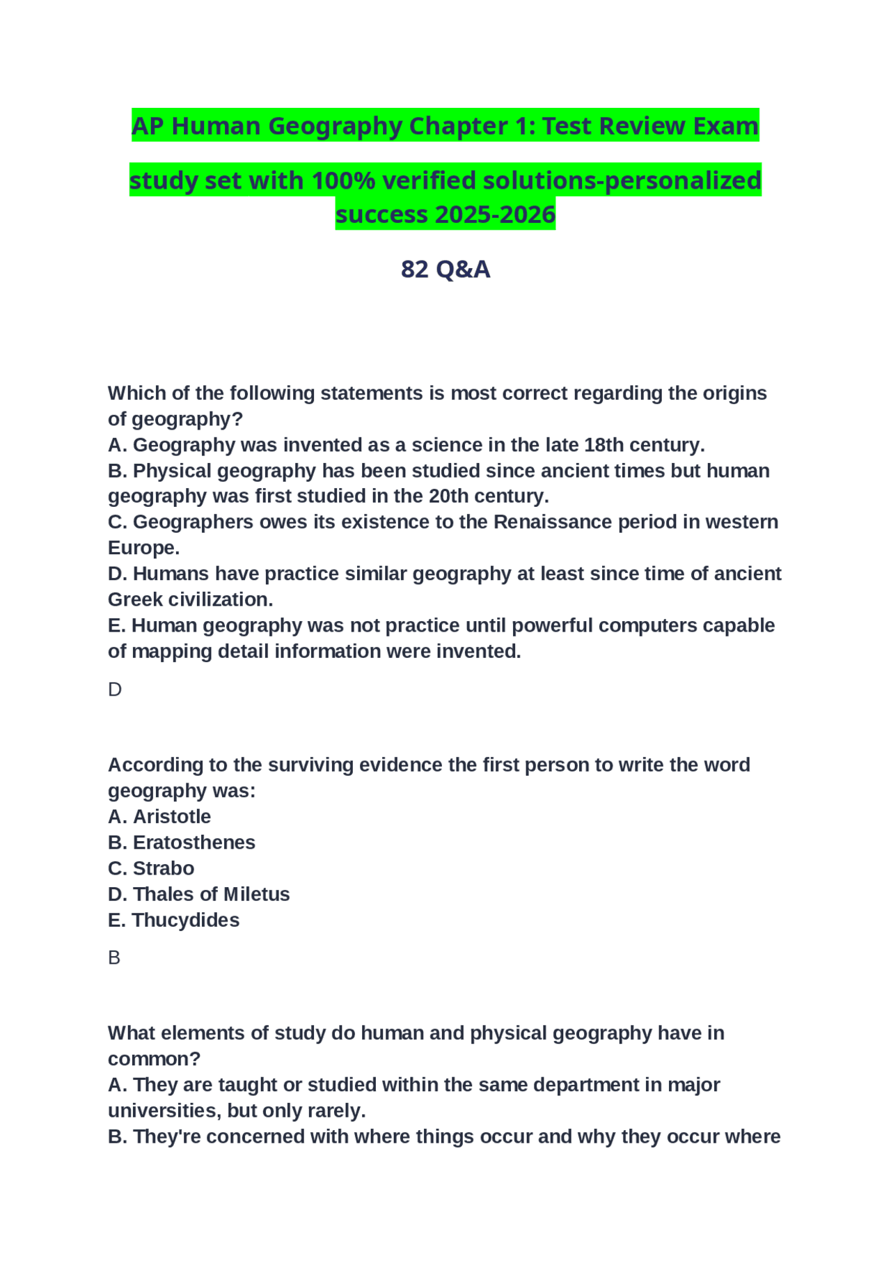 AP Human Geography Chapter 1- Test Review Exam study set with 100% ...