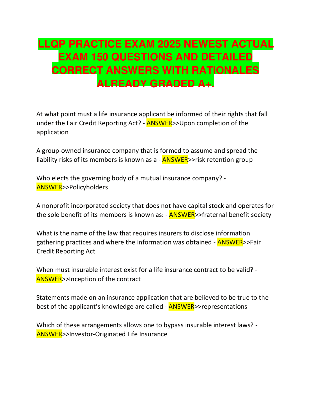 LLQP PRACTICE EXAM 2025 NEWEST ACTUAL EXAM 150 QUESTIONS AND DETAILED ...