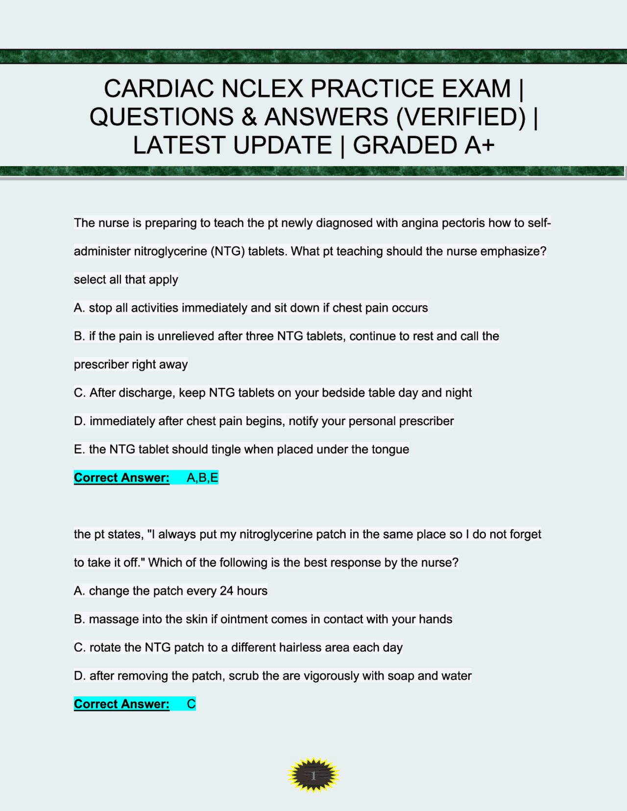 CARDIAC NCLEX PRACTICE EXAM /NCLEX CARDIAC PRACTICE EXAM ACTUAL EXAM ...