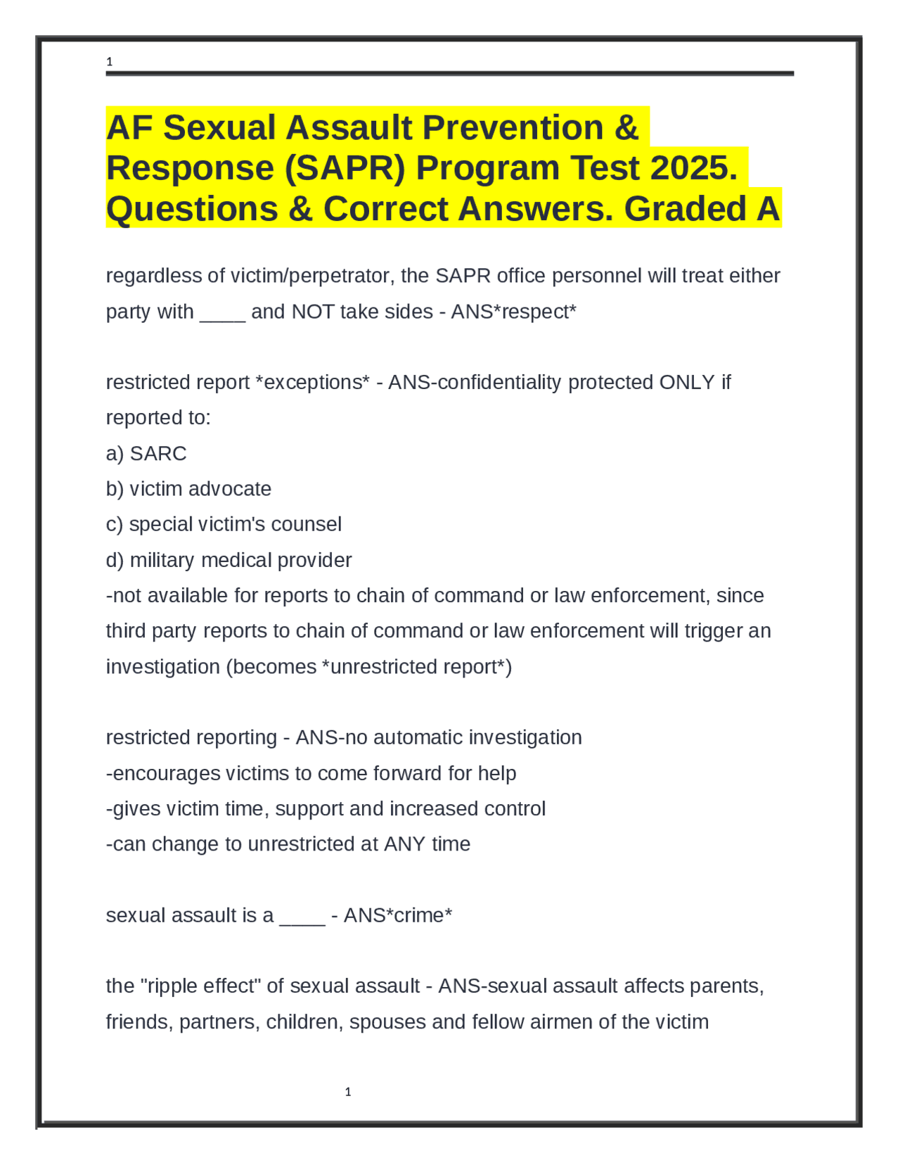 AF Sexual Assault Prevention & Response (SAPR) Program Test 2025 ...