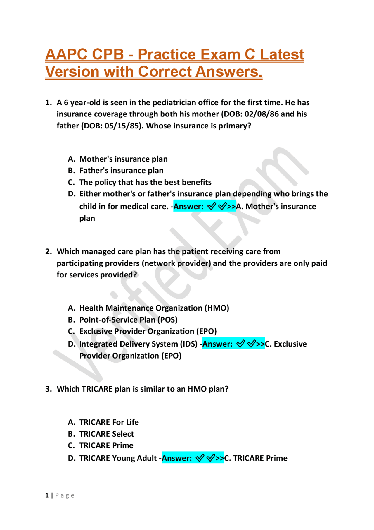 AAPC CPB Practice Exam: Medical Billing and Coding Questions | Exams Nursing | Docsity