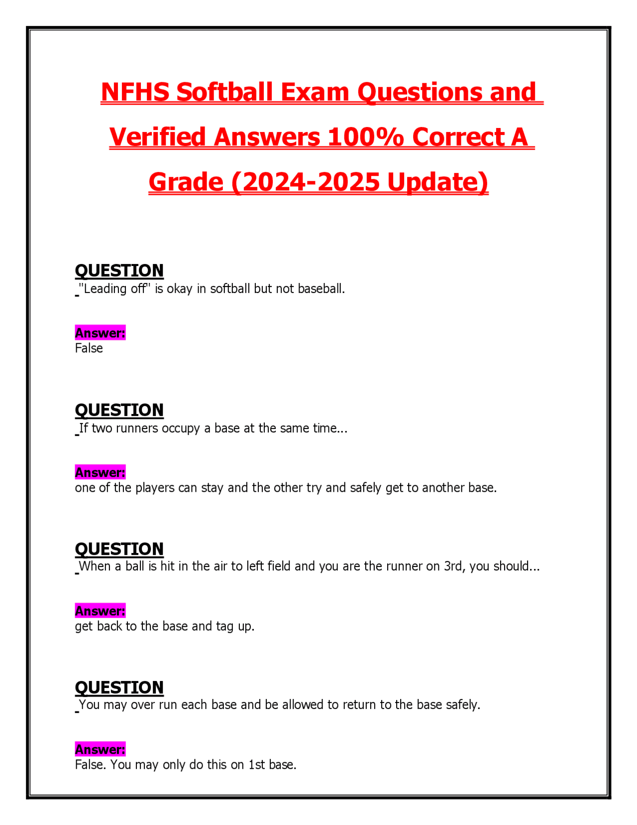 NFHS Softball Exam Questions and Verified Answers 100 Correct A Grade ...