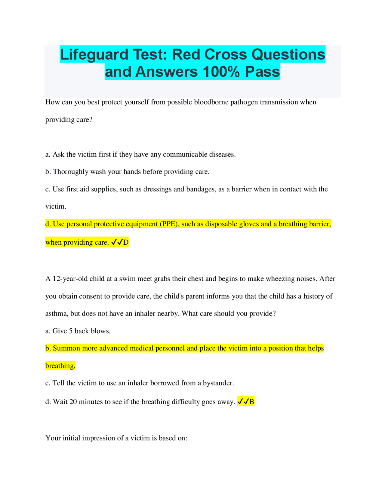 Lifeguard Test: Red Cross Questions and Answers 100% Pass | Exams ...