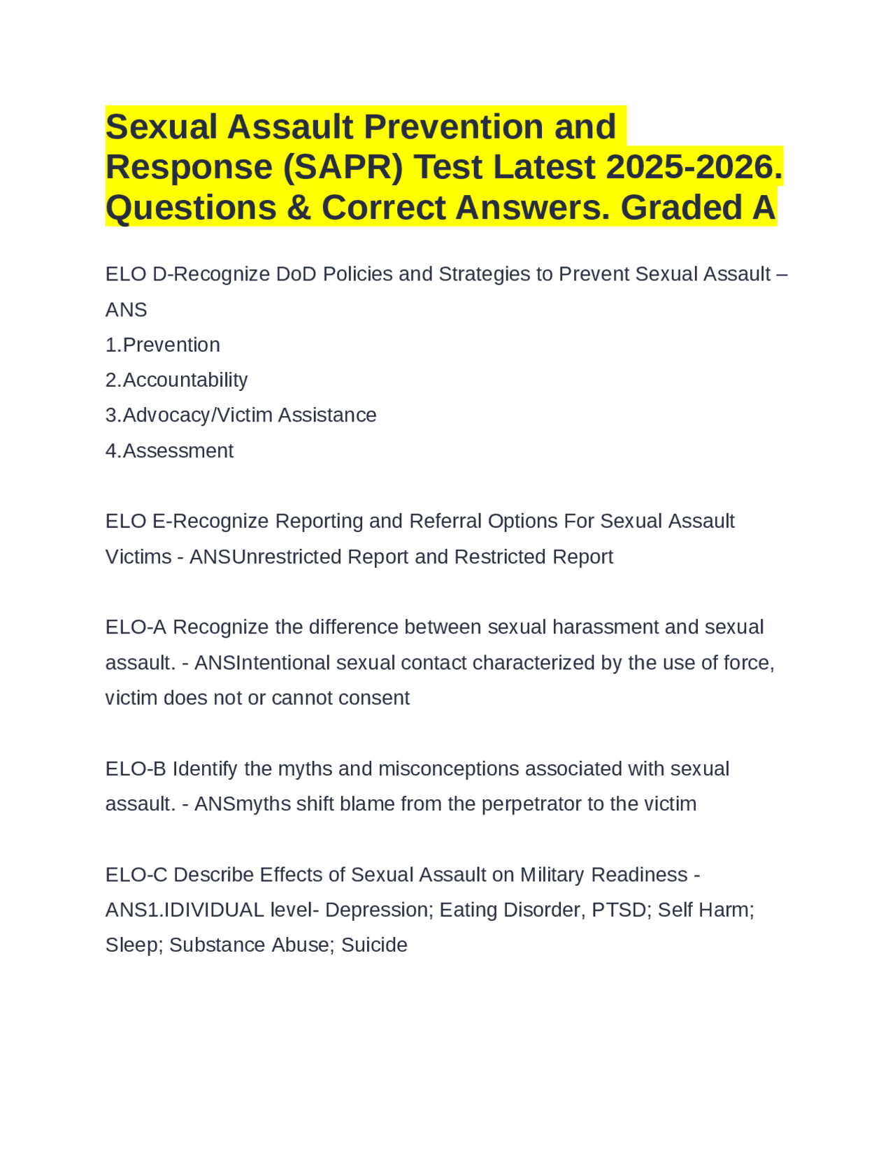 Sexual Assault Prevention and Response (SAPR) Test Latest 2025-2026 ...
