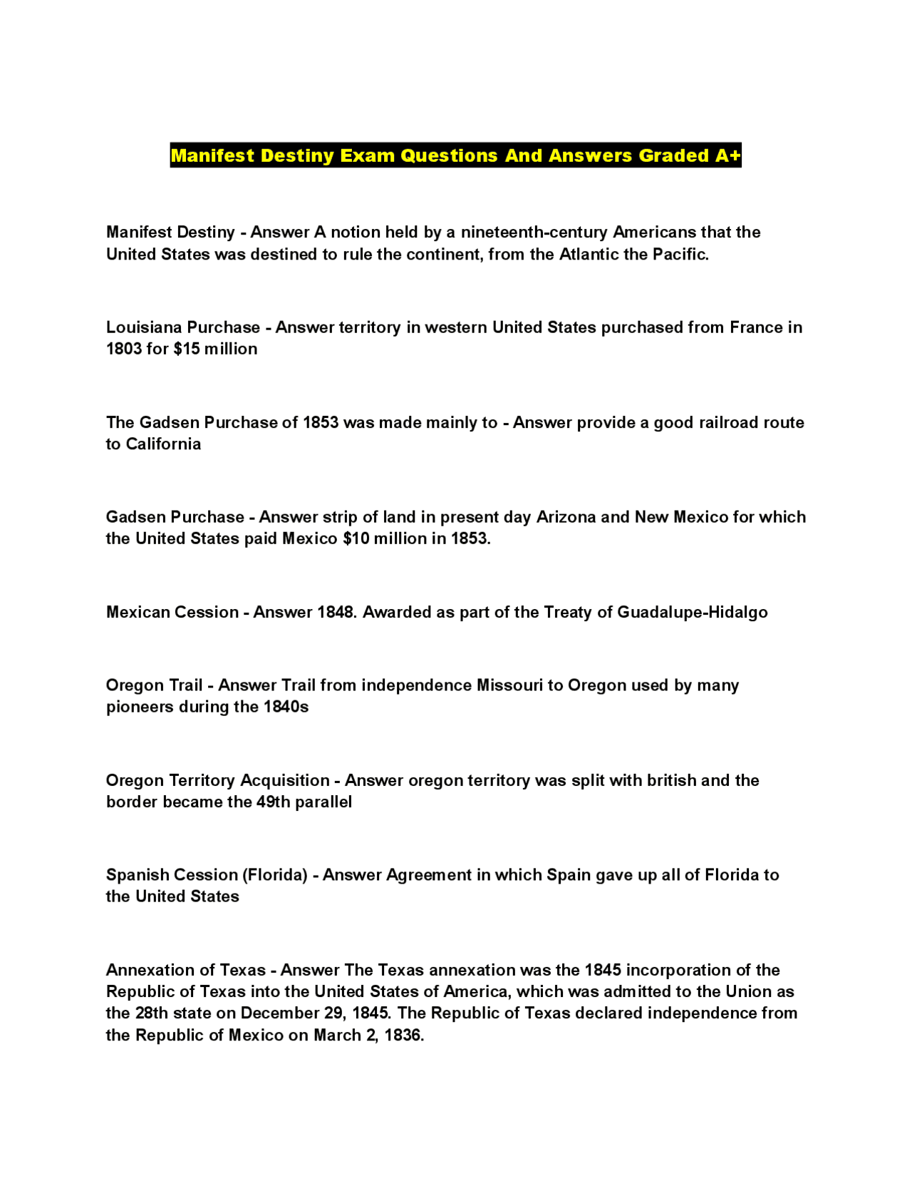Manifest Destiny: Exam Q&A on US Expansion and Territorial Acquisitions ...
