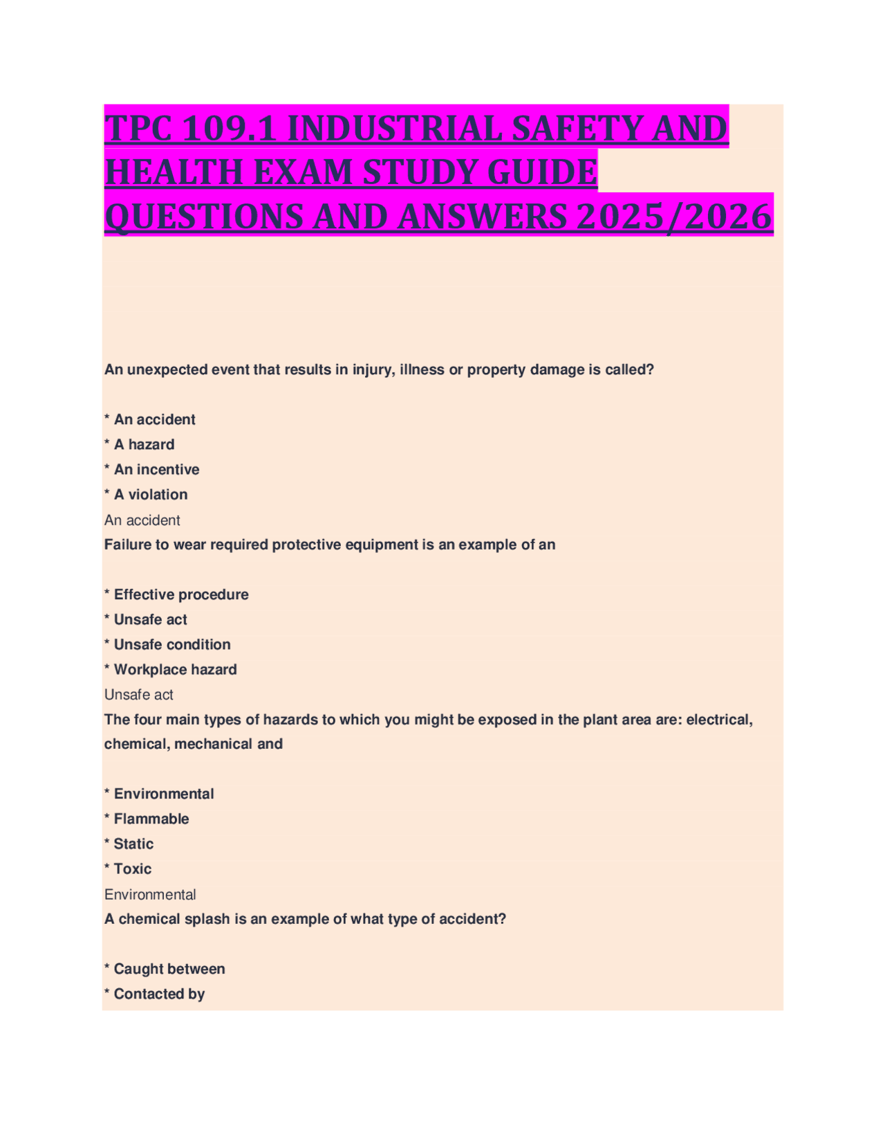 TPC 109.1 INDUSTRIAL SAFETY AND HEALTH EXAM STUDY GUIDE QUESTIONS AND ...