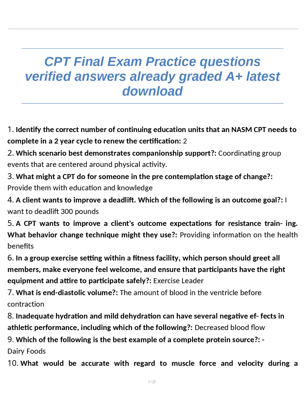 CPT Final Exam Practice questions verified answers already graded A+ ...