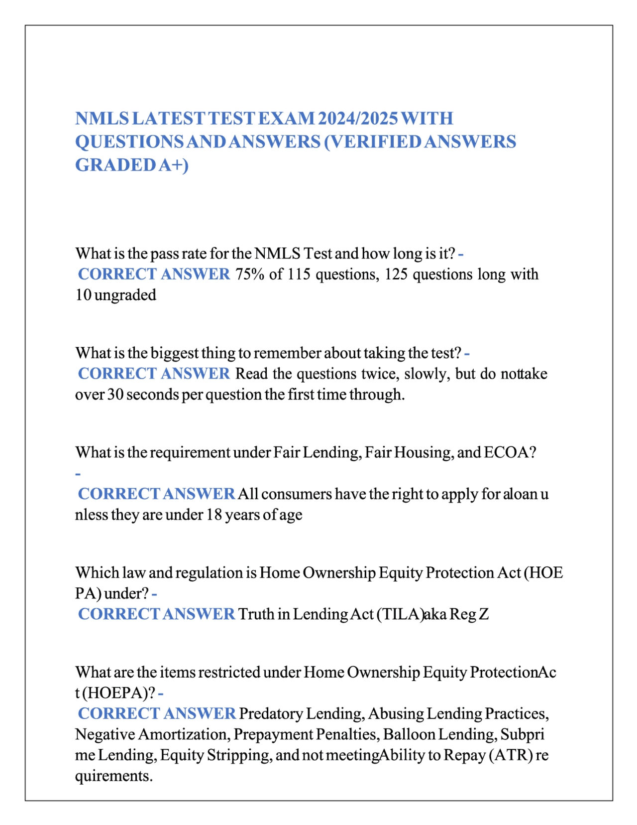 NMLS LATEST TEST EXAM 2024/2025 WITH QUESTIONS AND ANSWERS (VERIFIED ...