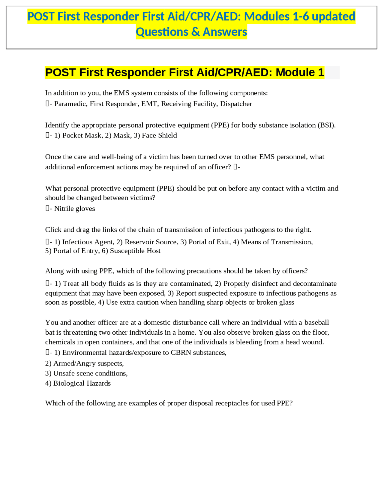 POST First Responder First Aid-CPR-AED; Modules 1-6 updated Questions ...