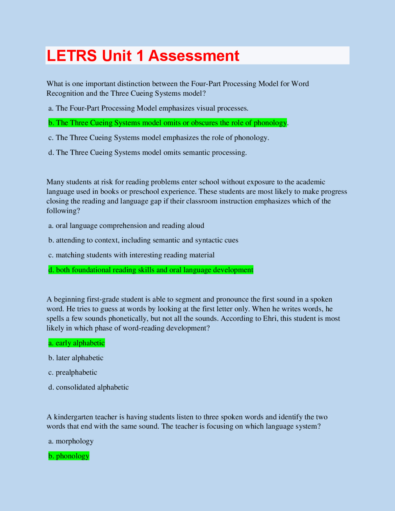 LETRS Unit 1 Assessment Questions and Answers | Exams English Language ...