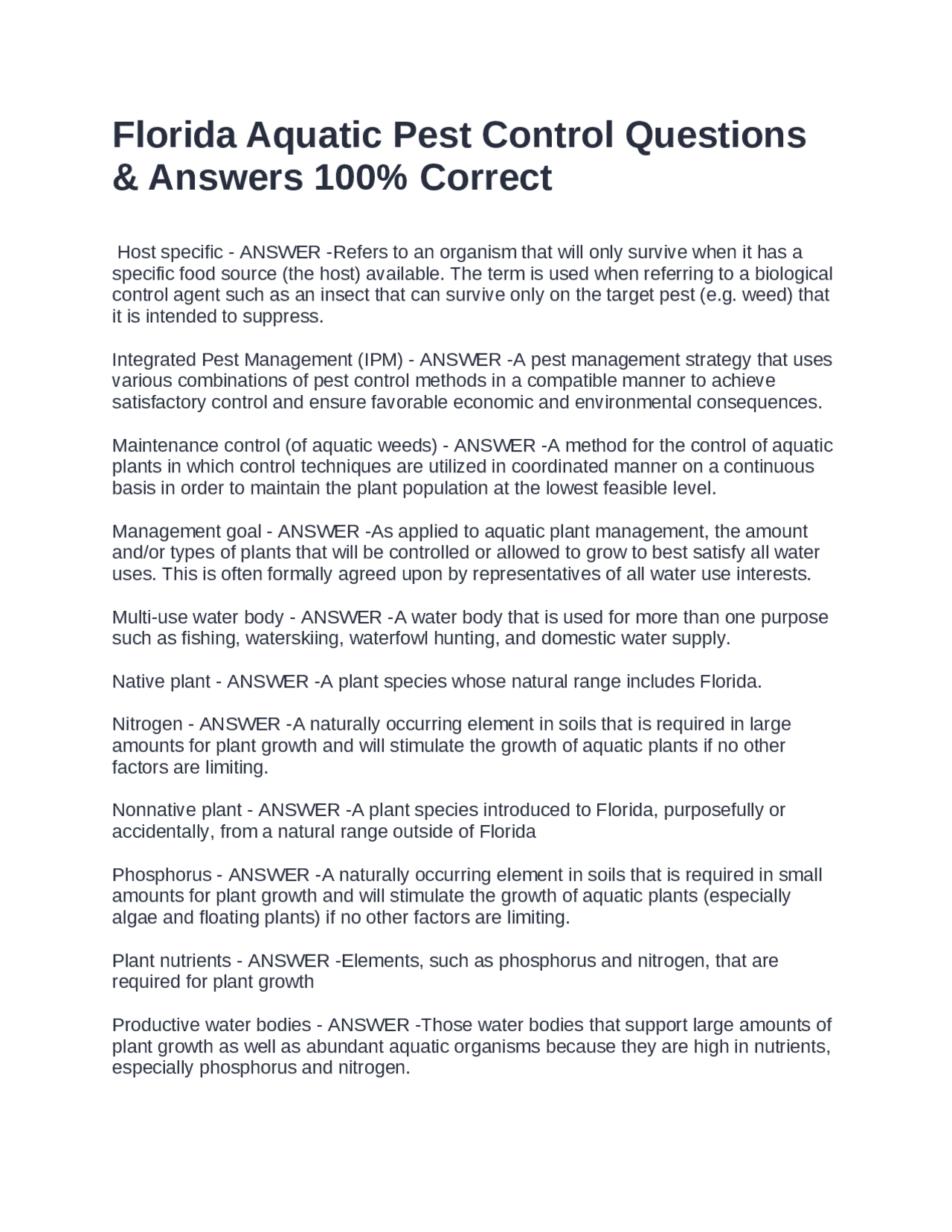 Florida Aquatic Pest Control Questions & Answers 100% Correct | Exams ...