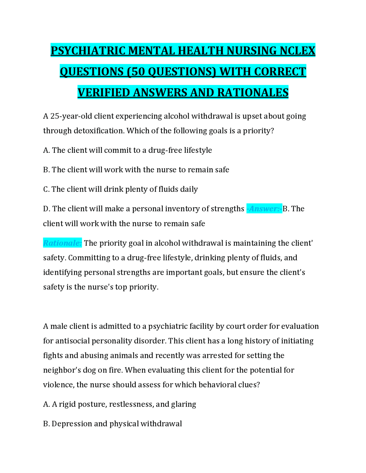 PSYCHIATRIC MENTAL HEALTH NURSING NCLEX QUESTIONS (50 QUESTIONS) WITH ...