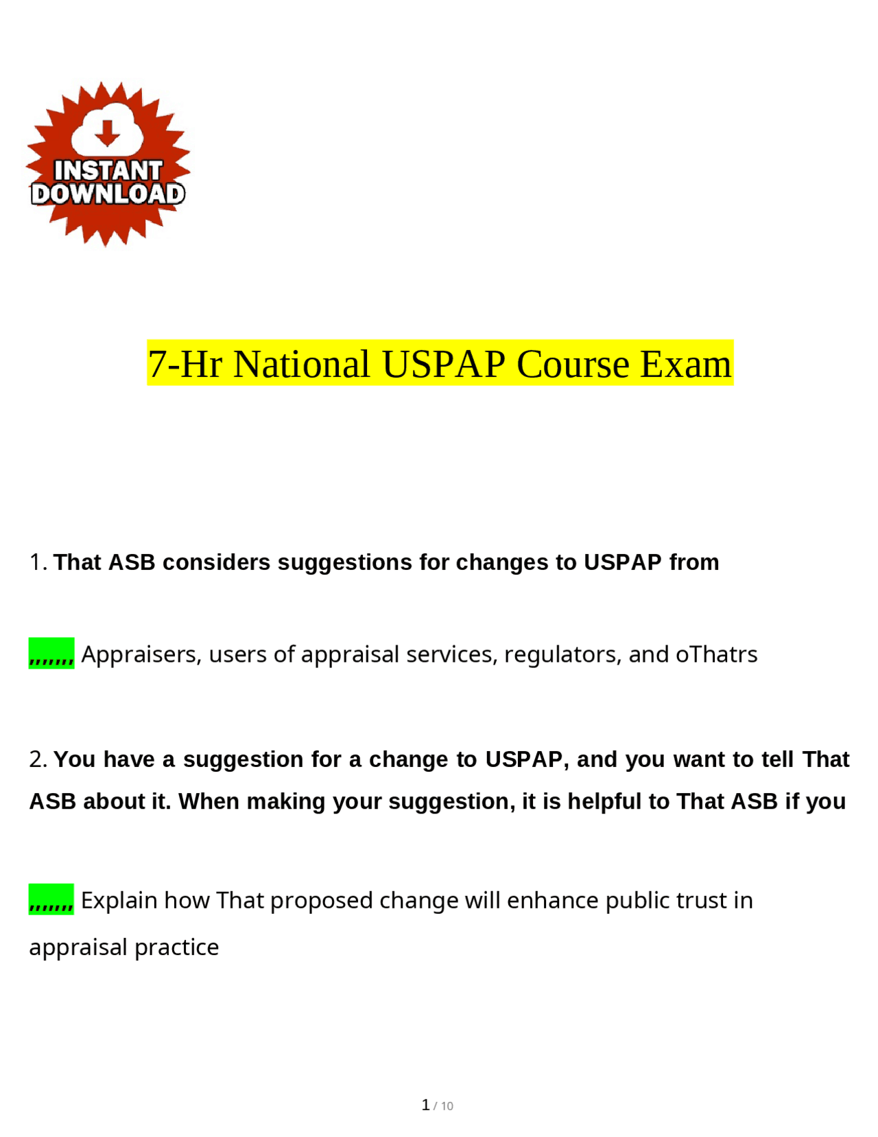 7-Hr National USPAP Course Exam tested questions (latest 2025 / 2026 ...