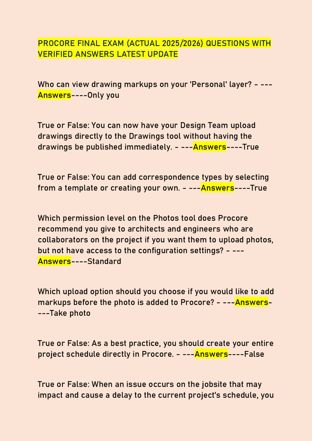 PROCORE FINAL EXAM (ACTUAL 2025/2026) QUESTIONS WITH VERIFIED ANSWERS ...