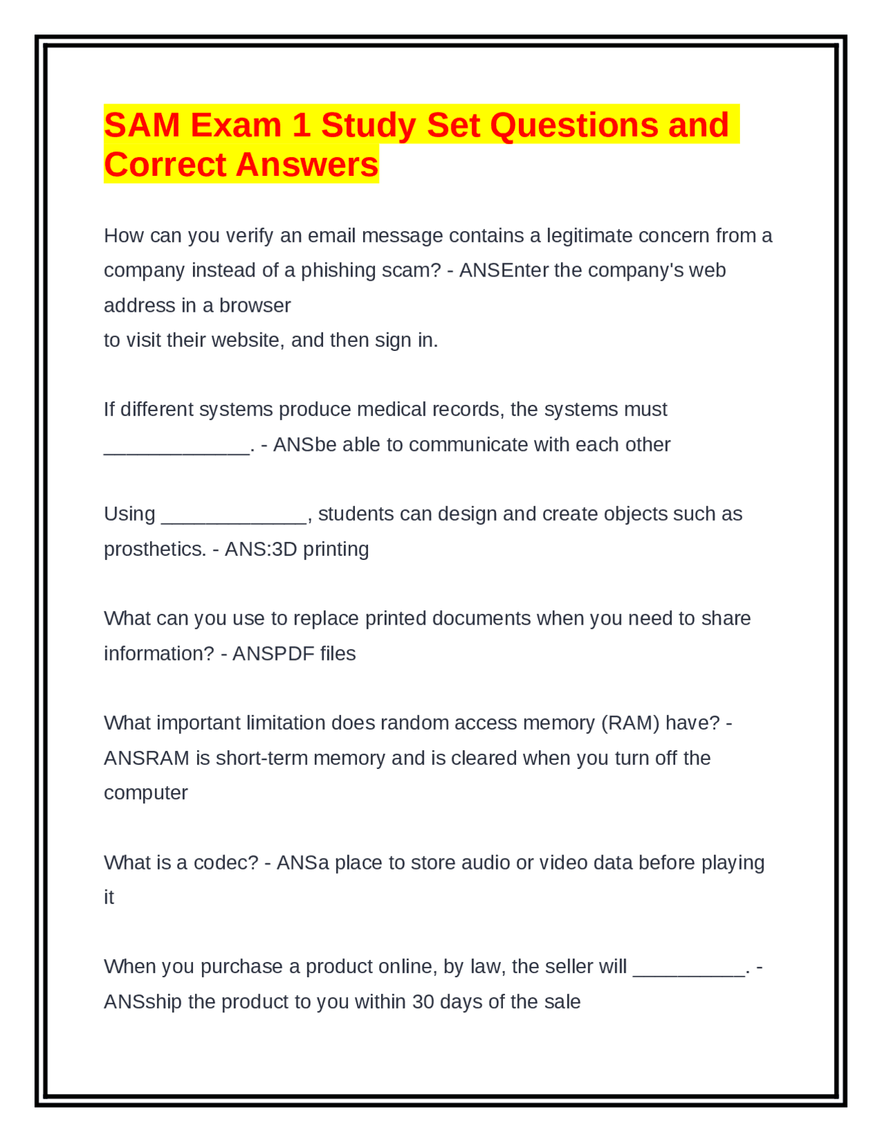 SAM Exam 1 Study Set: Computer Basics and Technology Questions | Exams ...