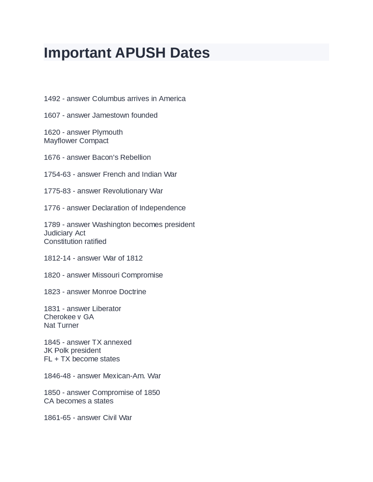 Important APUSH Dates Questions with Correct Answers | Exams Advanced ...