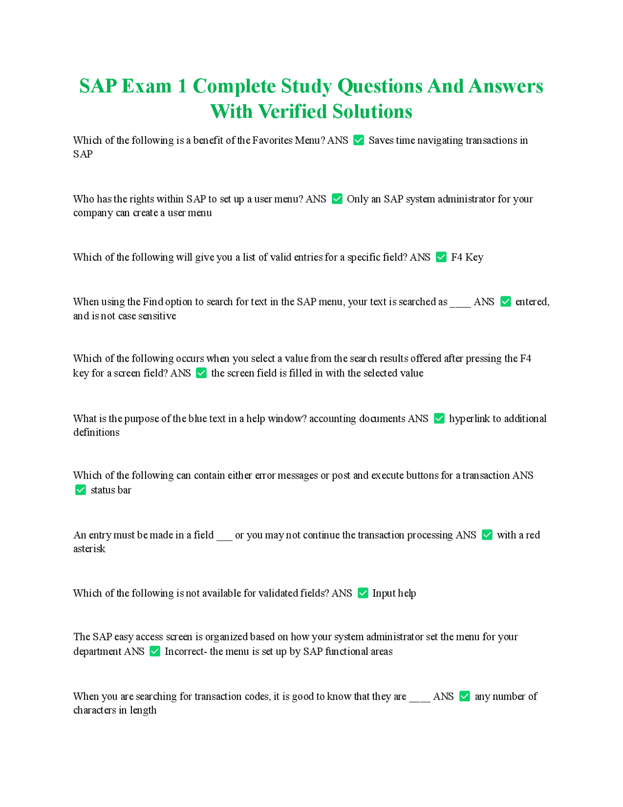 SAP Exam Study Guide: Q&A for System Navigation and Functionality ...