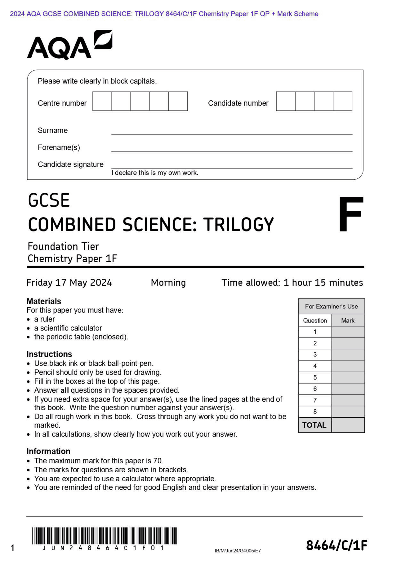 2024 AQA GCSE COMBINED SCIENCE: TRILOGY 8464/C/1F Chemistry Paper 1F QP + Mark Scheme A | Exams ...