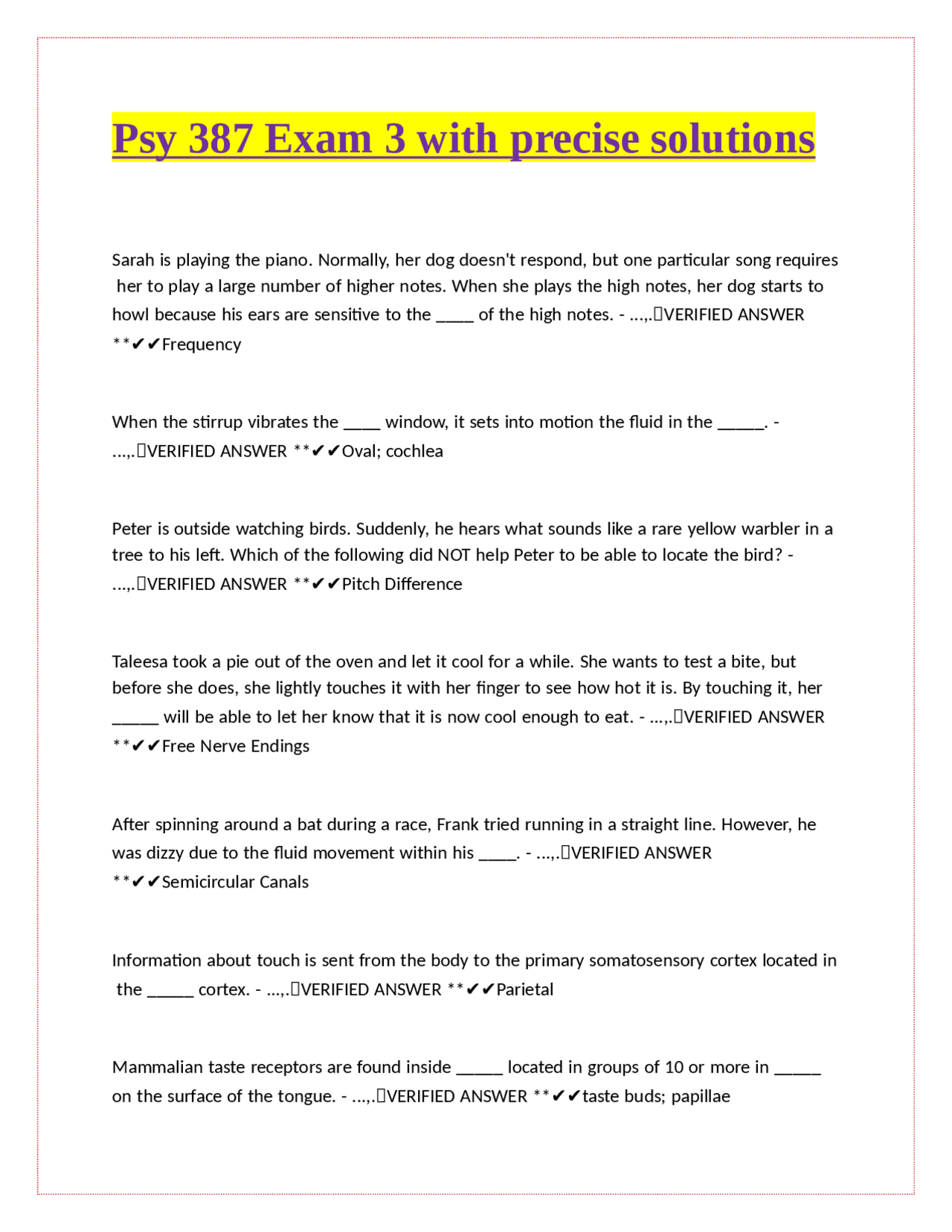 Psy 387 Exam 3: Sensory Perception Questions and Solutions | Exams ...