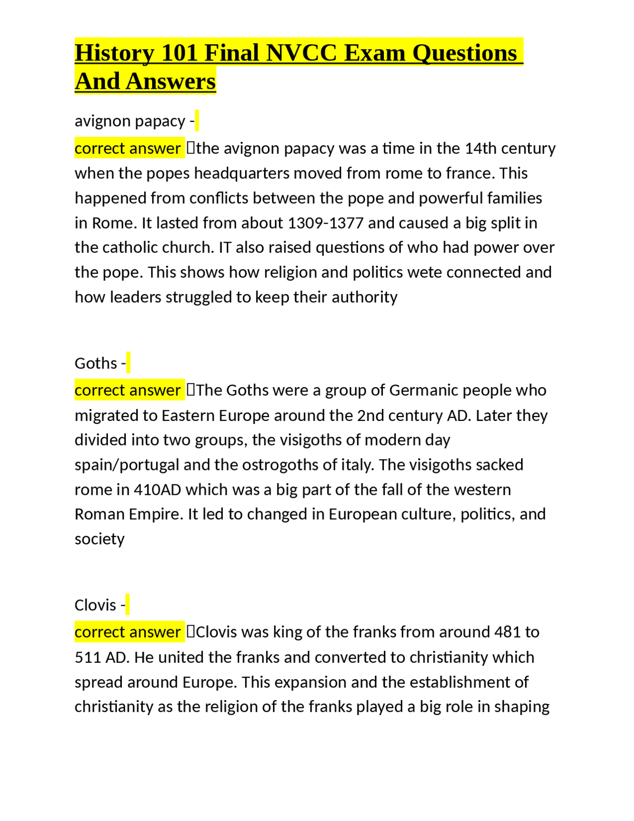 History 101 Final NVCC Exam Questions And Answers | Exams History | Docsity