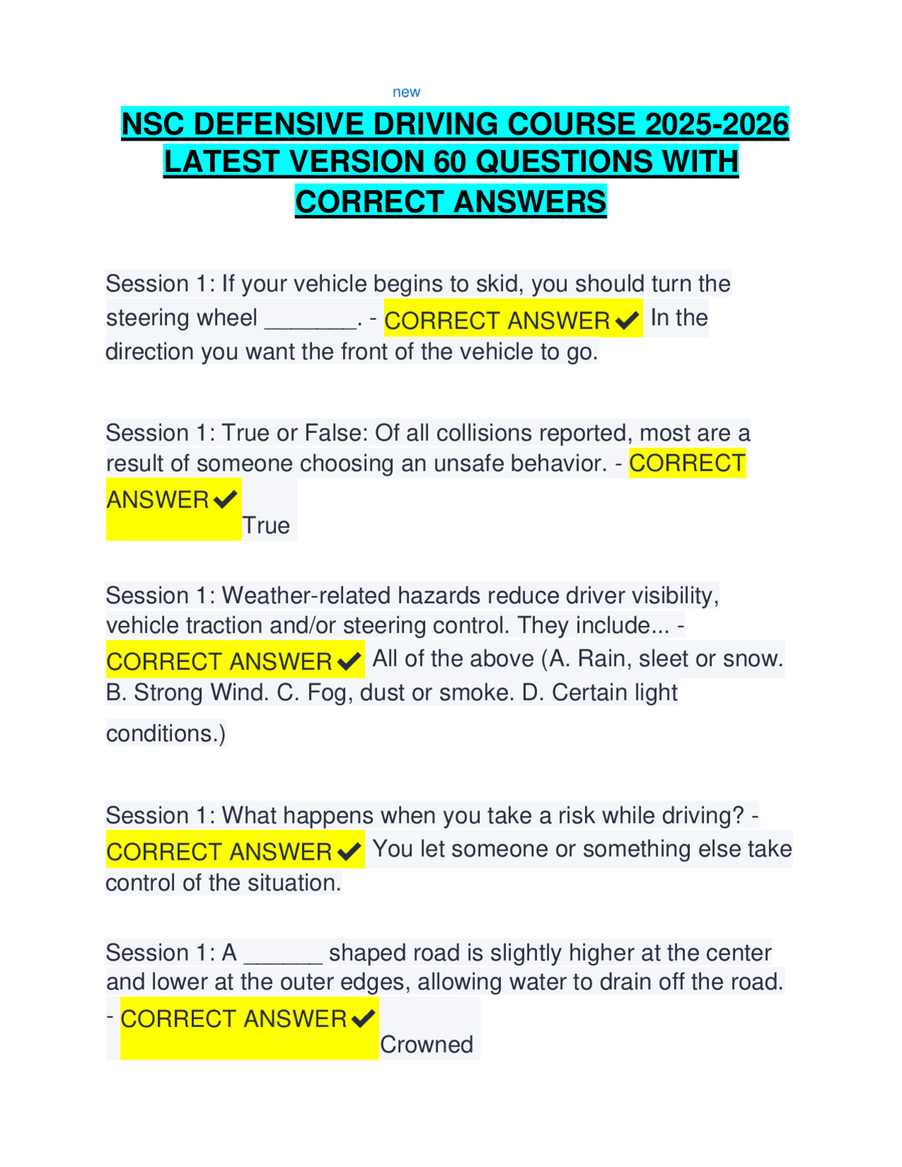 NSC DEFENSIVE DRIVING COURSE 2025-2026 LATEST VERSION 60 QUESTIONS WITH ...