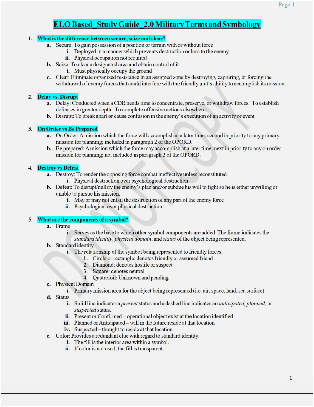 ELO Based Study Guide 2.0 Military Terms and Symbology | Exams Military ...