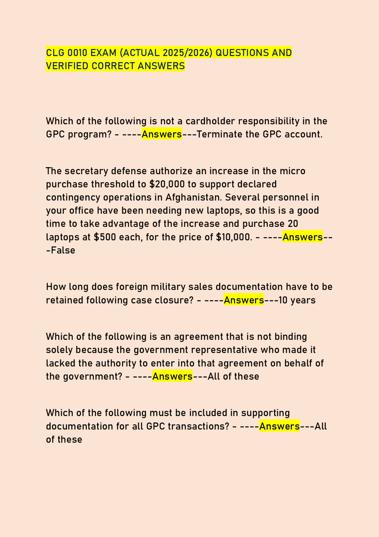 CLG 0010 EXAM (ACTUAL 2025/2026) QUESTIONS AND VERIFIED CORRECT ANSWERS ...