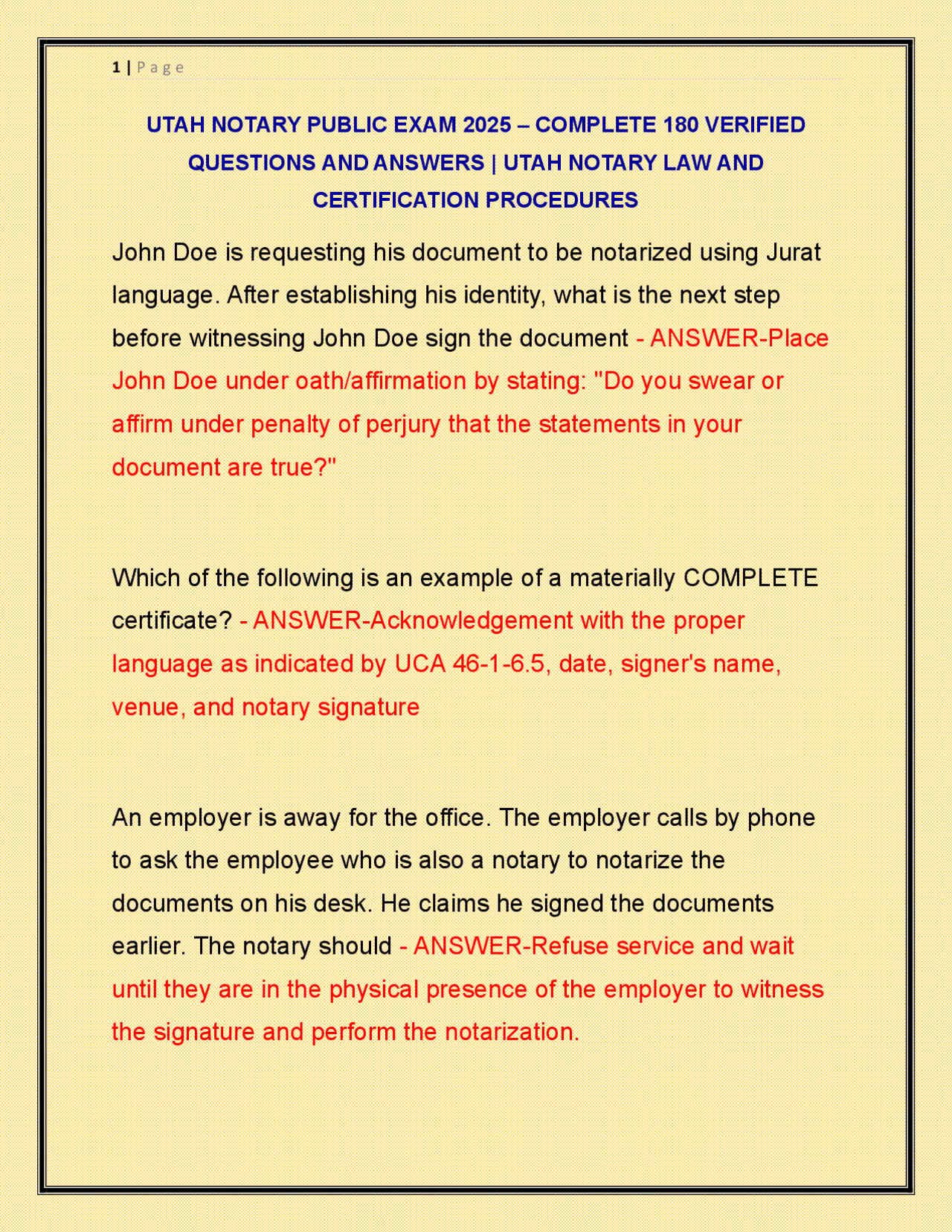 Utah Notary Public Exam 2025: Q&A Study Guide | Exams Nursing | Docsity