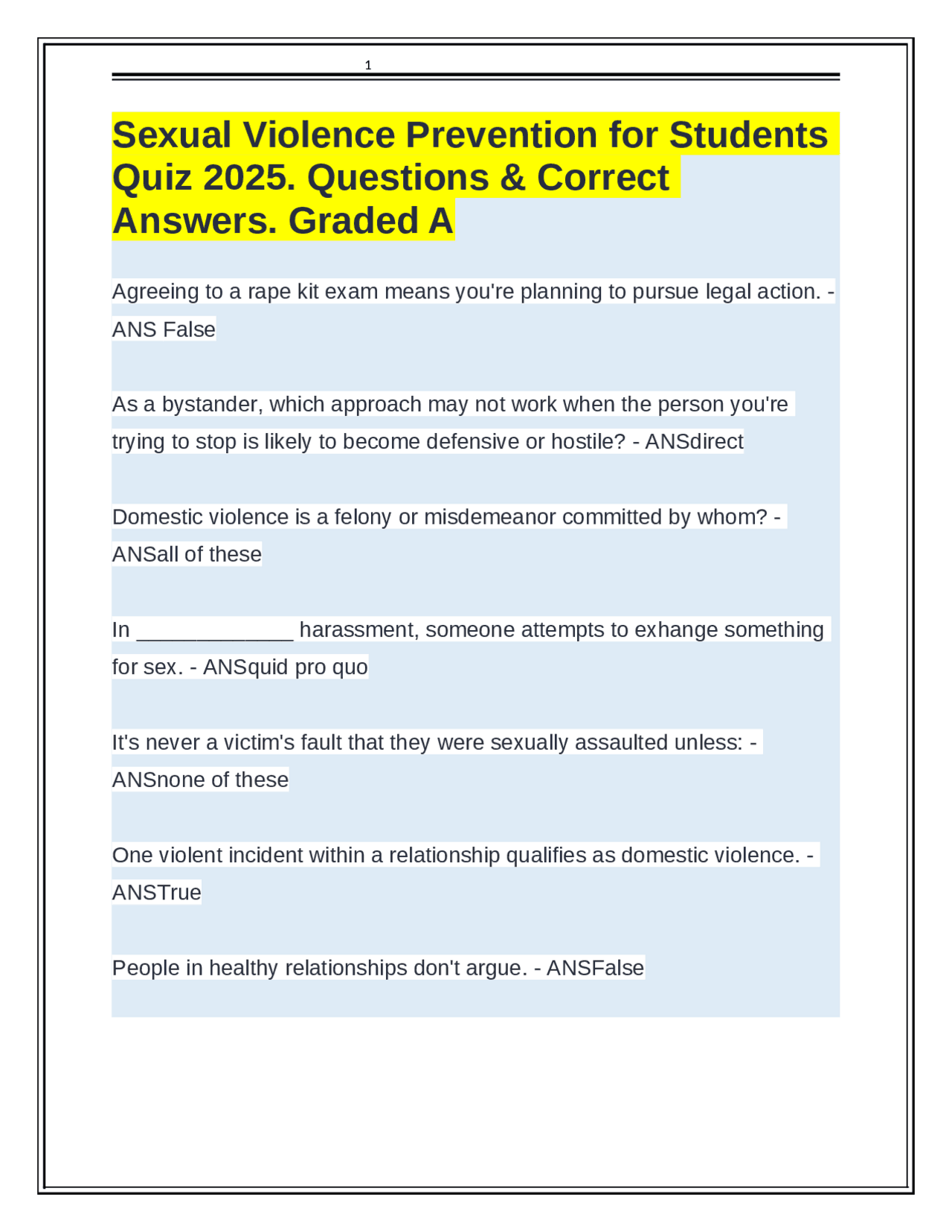 Sexual Violence Prevention for Students Quiz 2025. Questions & Correct ...