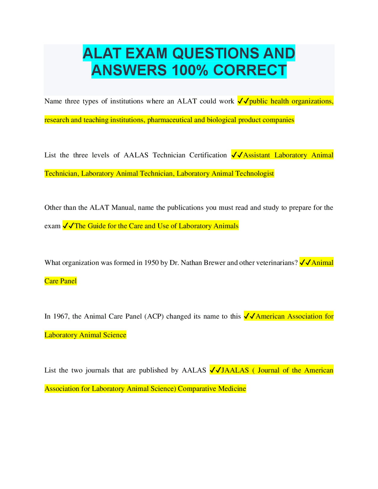 ALAT EXAM QUESTIONS AND ANSWERS 100% CORRECT | Exams Veterinary | Docsity