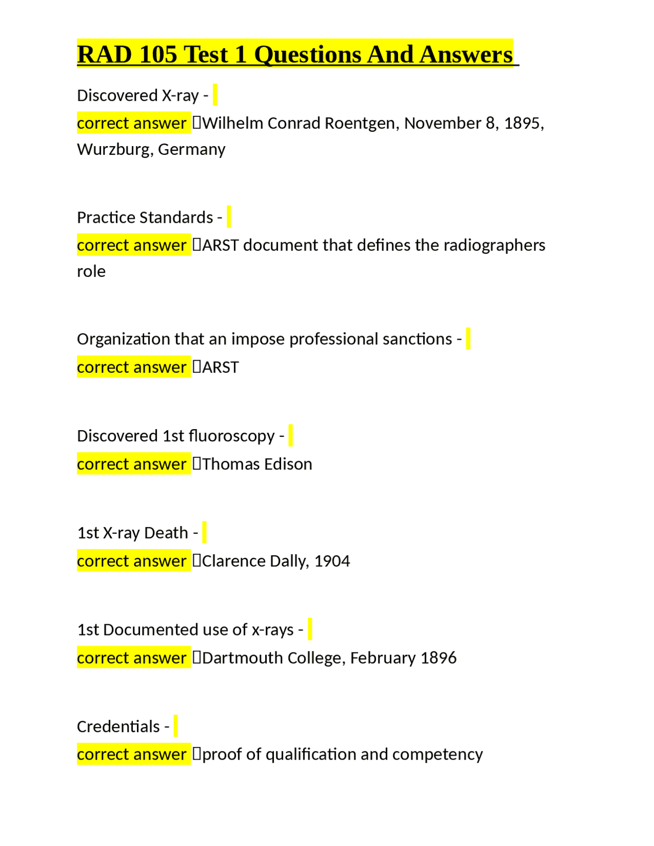 RAD 105 Test 1 Questions And Answers | Exams Nursing | Docsity