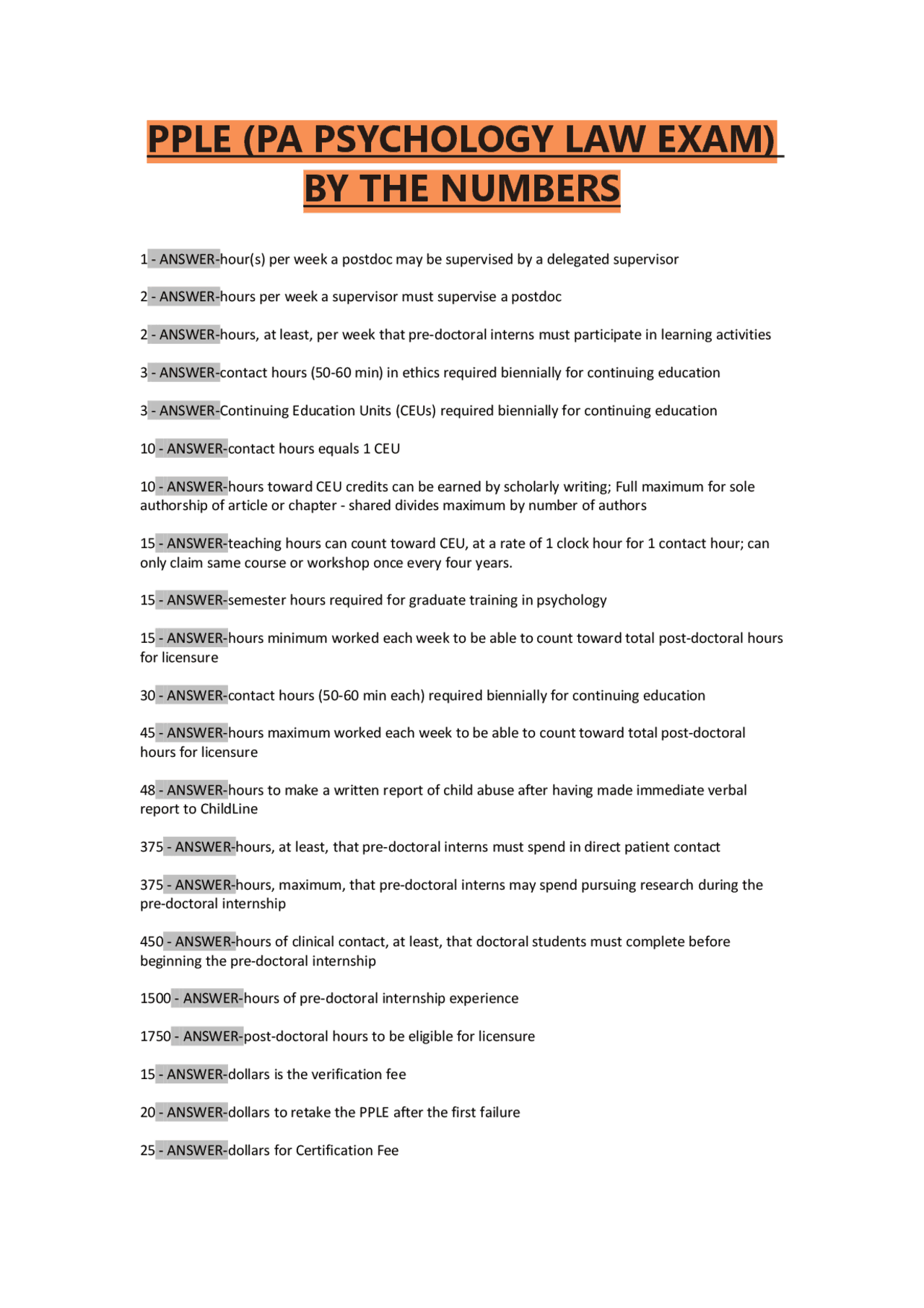 PPLE (PA PSYCHOLOGY LAW EXAM) BY THE NUMBERS | Exams Nursing | Docsity