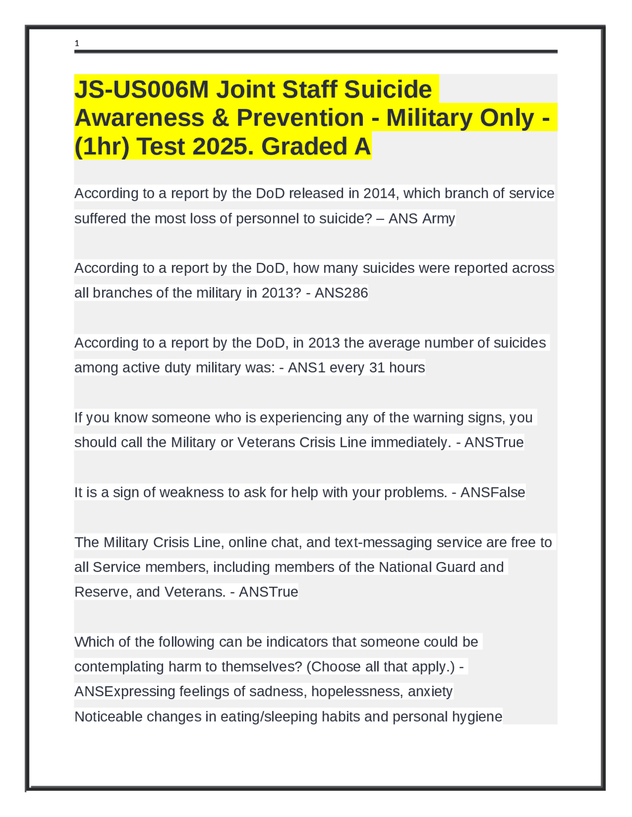 Military Suicide Awareness and Prevention Test: DoD Report and Warning ...