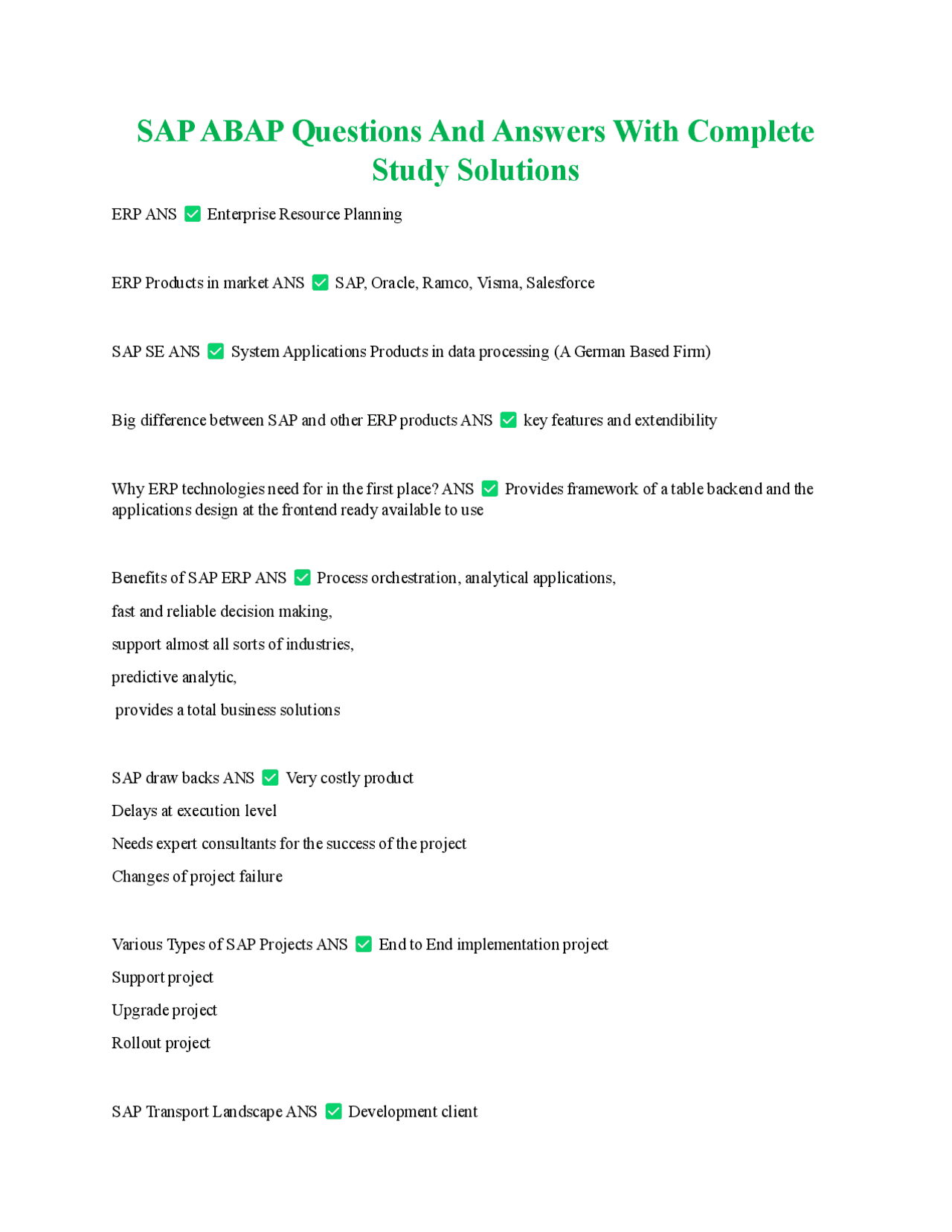 SAP ABAP Questions And Answers With Complete Study Solutions | Exams Advanced Education | Docsity