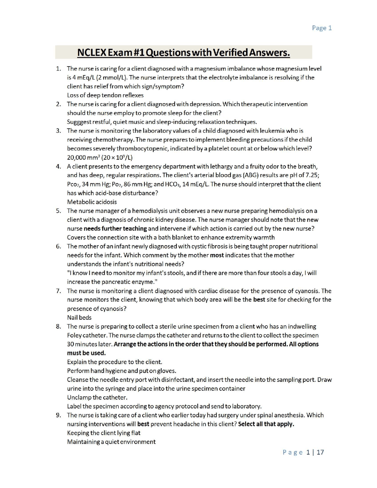 NCLEX Exam #1 Questions with Verified Answers. | Exams Nursing | Docsity
