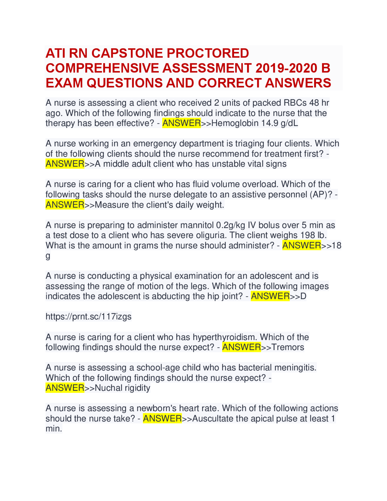 ATI RN CAPSTONE PROCTORED COMPREHENSIVE ASSESSMENT 2019-2020 B EXAM QUESTIONS AND CORREC | Exams ...
