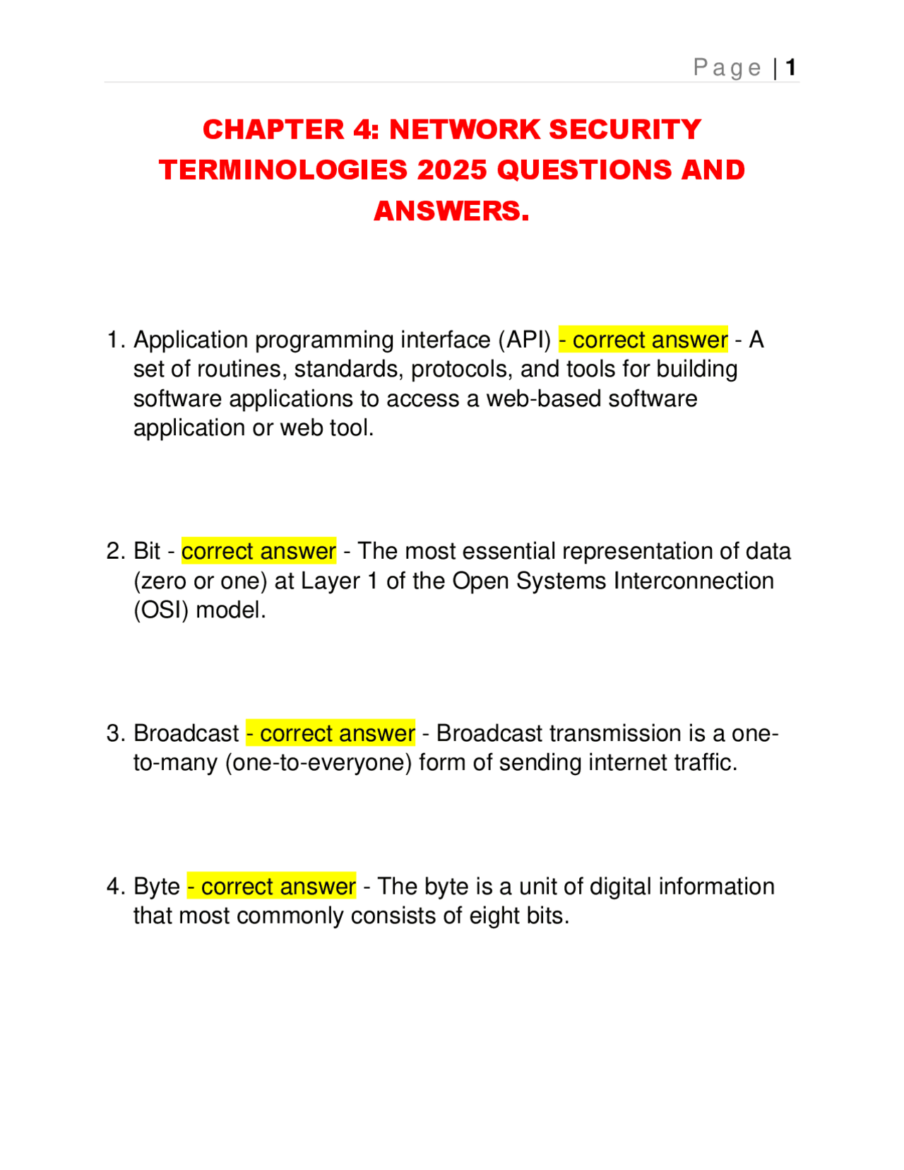 CHAPTER 4: NETWORK SECURITY TERMINOLOGIES 2025 QUESTIONS AND ANSWERS. | Exams Network security ...