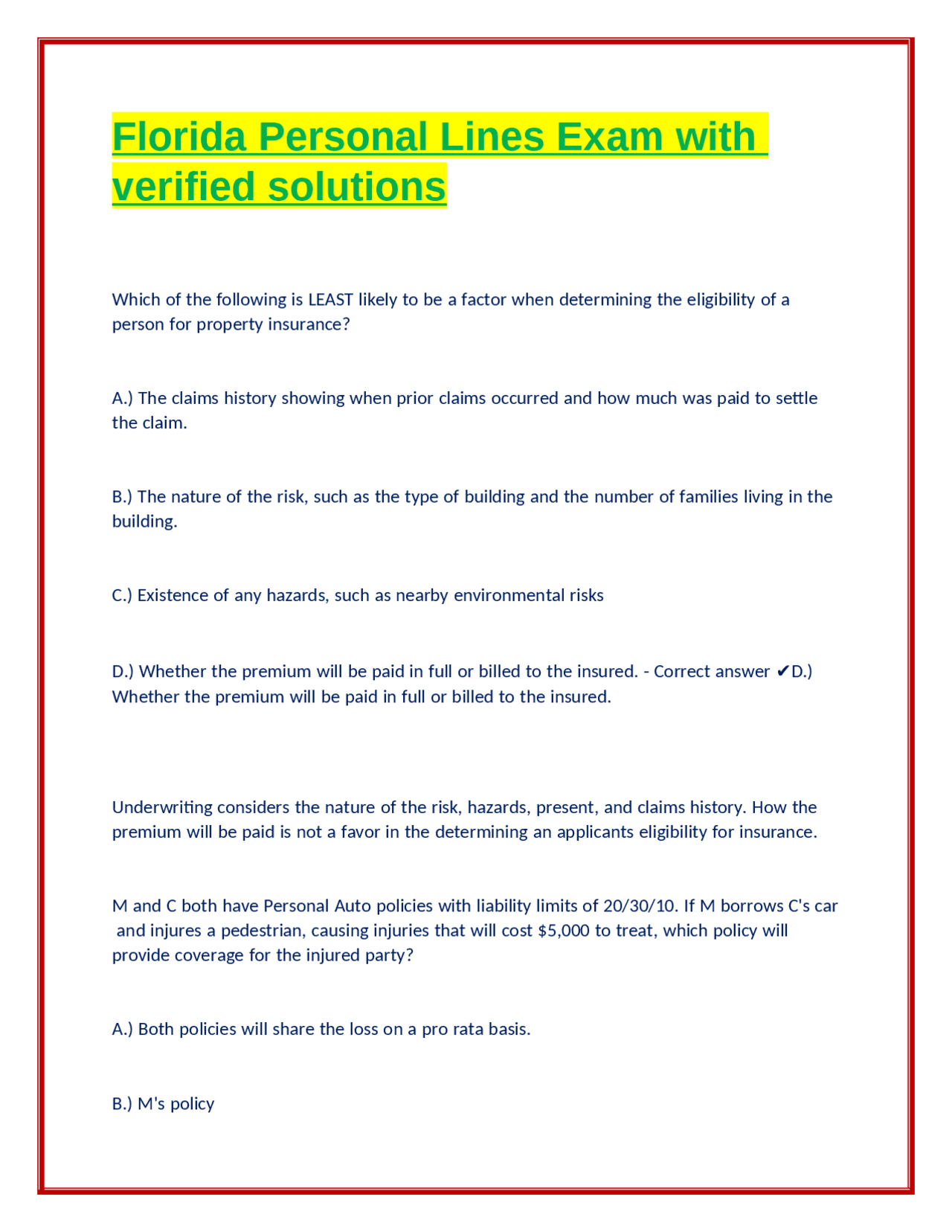 Florida Personal Lines Exam with verified solutions | Exams Nursing ...
