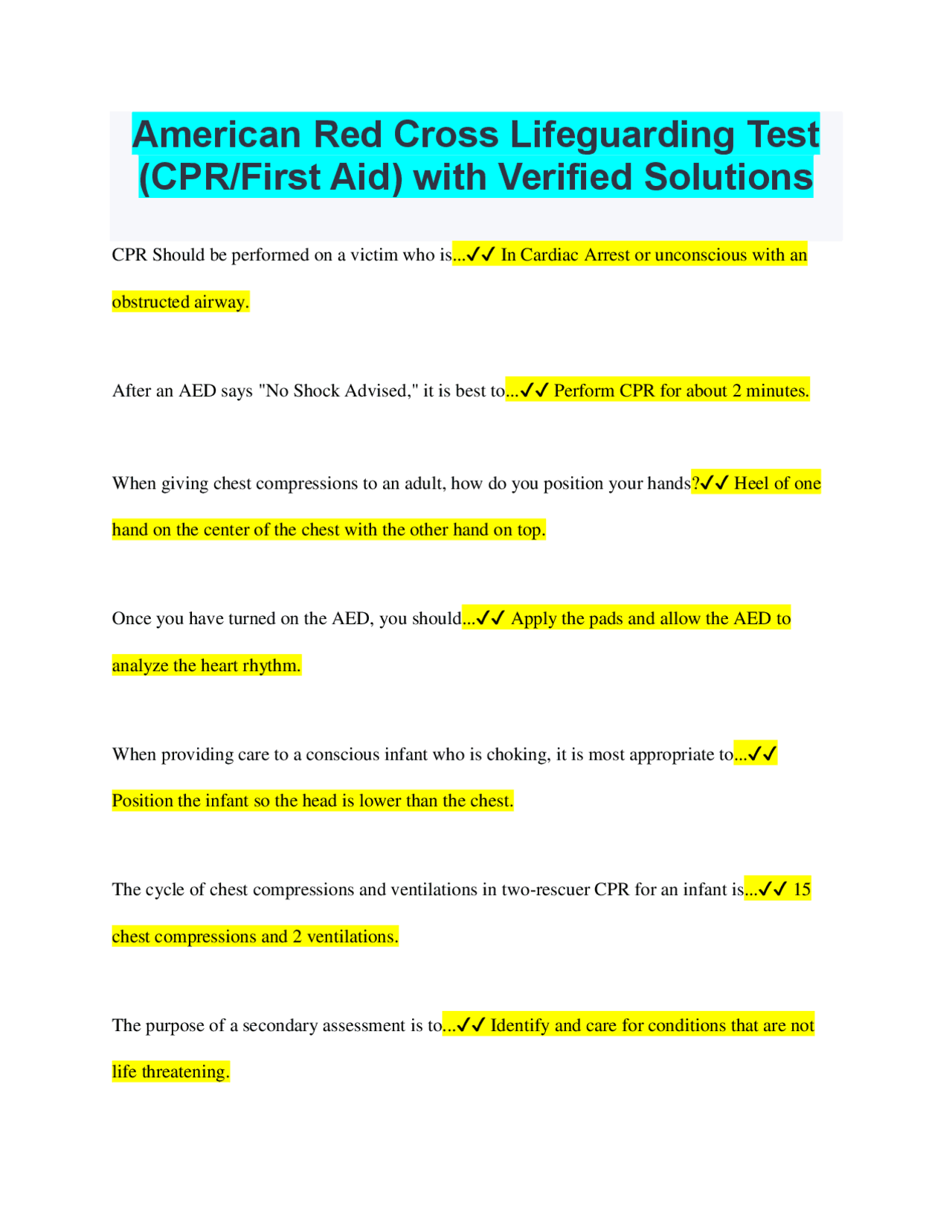 American Red Cross Lifeguarding Test (CPR/First Aid) with Verified ...