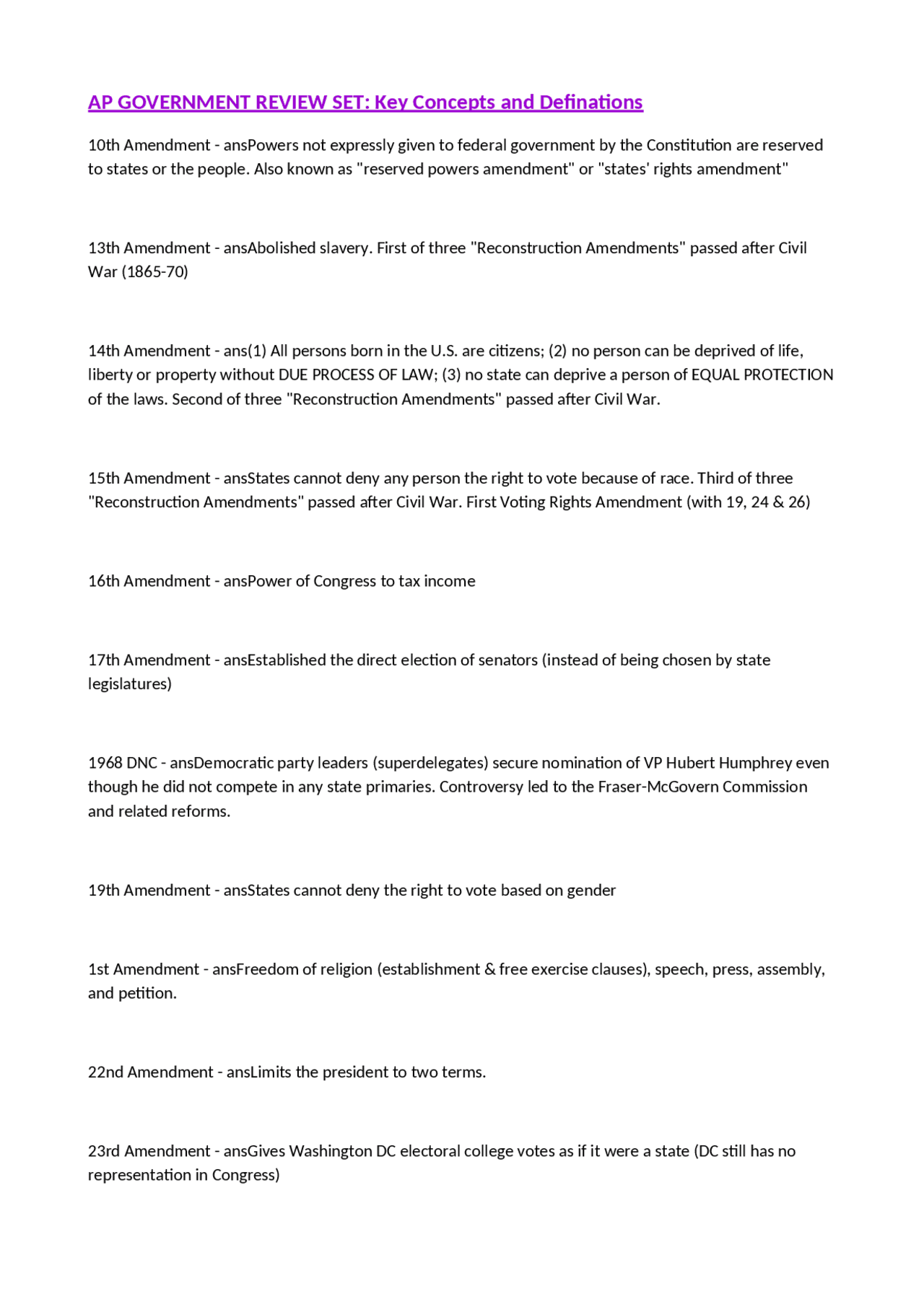 AP GOVERNMENT REVIEW SET Key Concepts and Definations.odt | Exercises ...