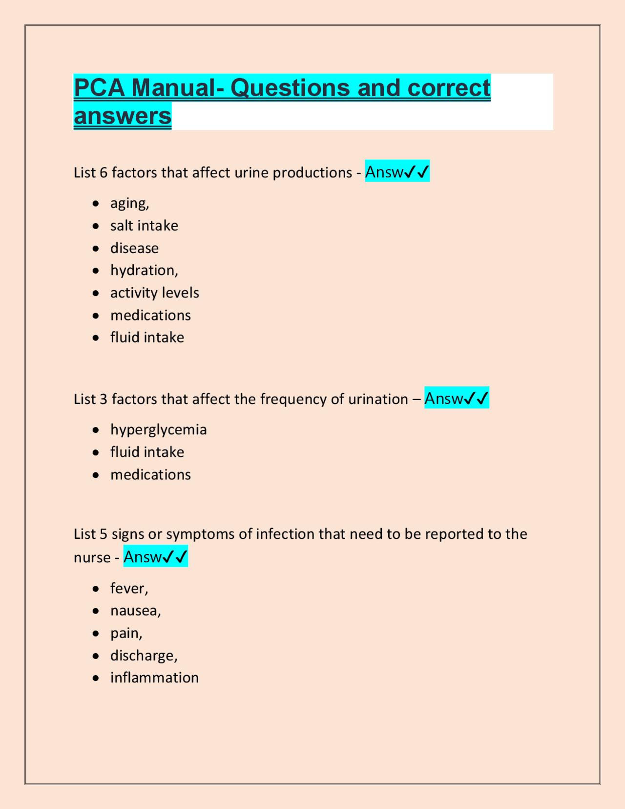 PCA Manual- Questions and correct answers|ready to pass exam 2025 | Exercises Nursing | Docsity
