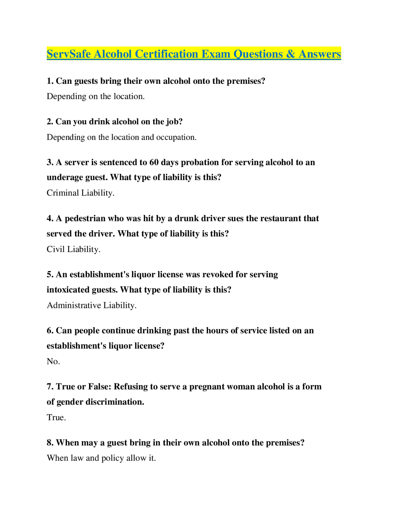 ServSafe Alcohol Certification Exam Questions & Answers | Exams ...