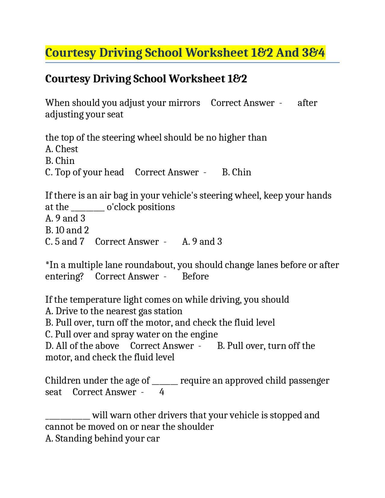 Courtesy Driving School Worksheet 1&2 And 3&4 | Exams Public Health ...