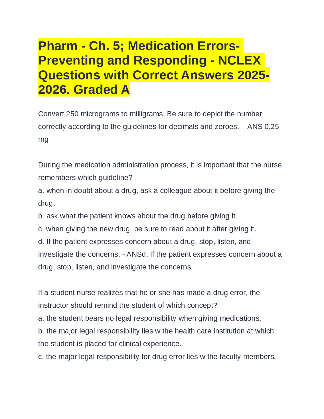 Pharm - Ch. 5; Medication Errors- Preventing and Responding - NCLEX Questions with Answers ...