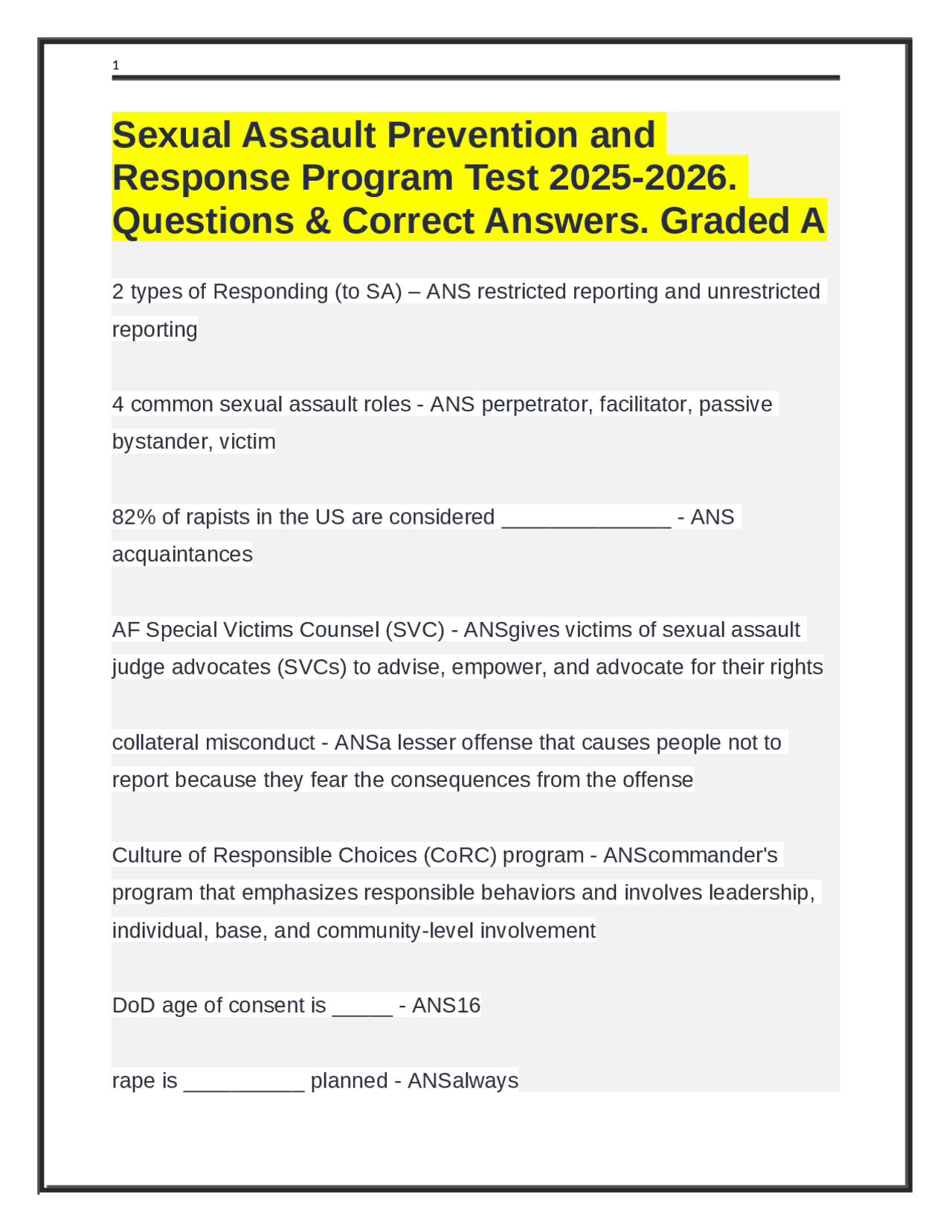 Sexual Assault Prevention and Response Program Test 2025-2026 ...