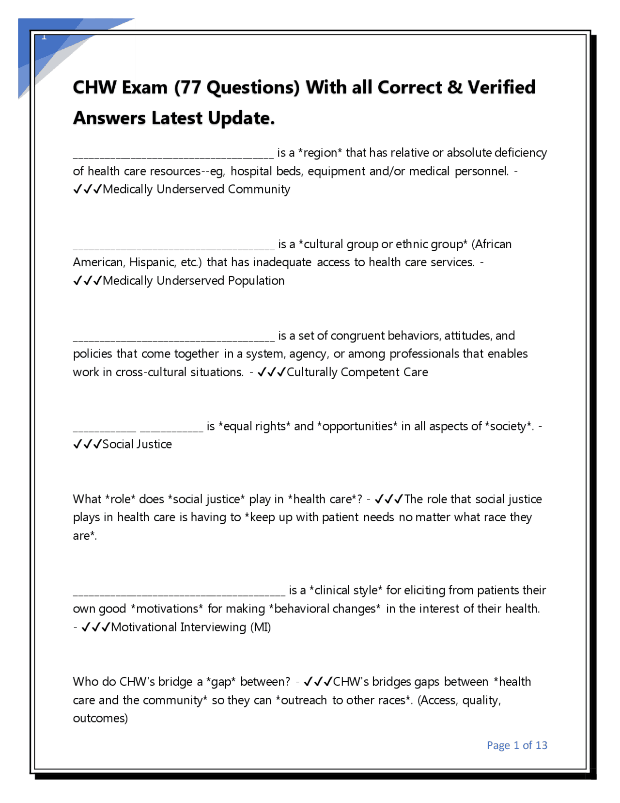 CHW Exam (77 Questions) With all Correct & Verified Answers Latest ...