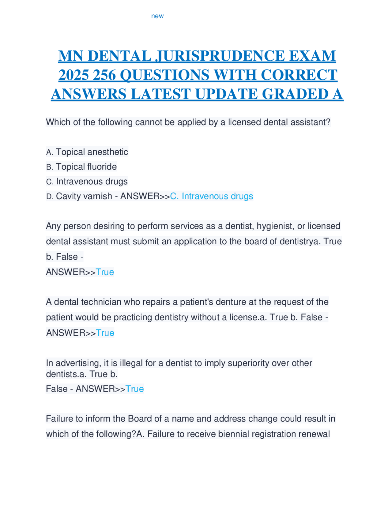 MN DENTAL JURISPRUDENCE EXAM 2025 256 QUESTIONS WITH CORRECT ANSWERS ...