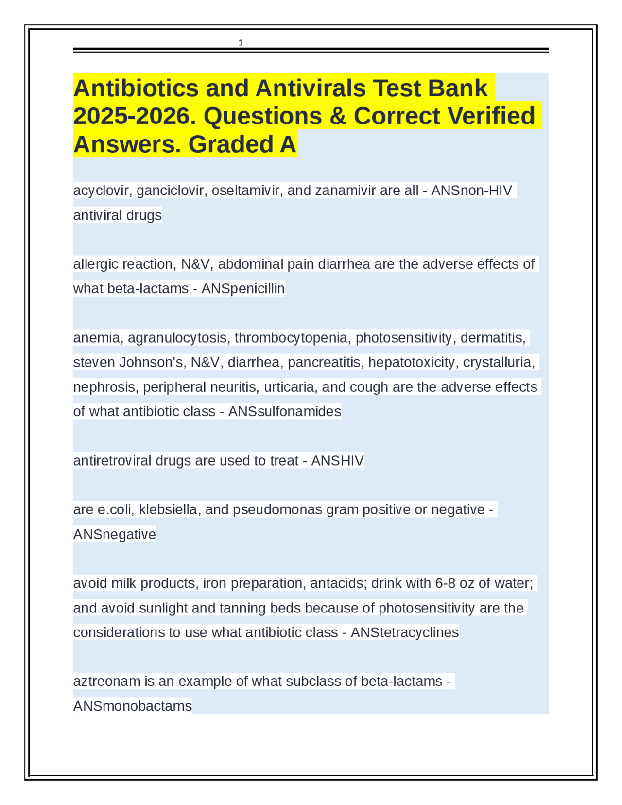 Antibiotics and Antivirals Test Bank 2025-2026. Questions & Correct ...