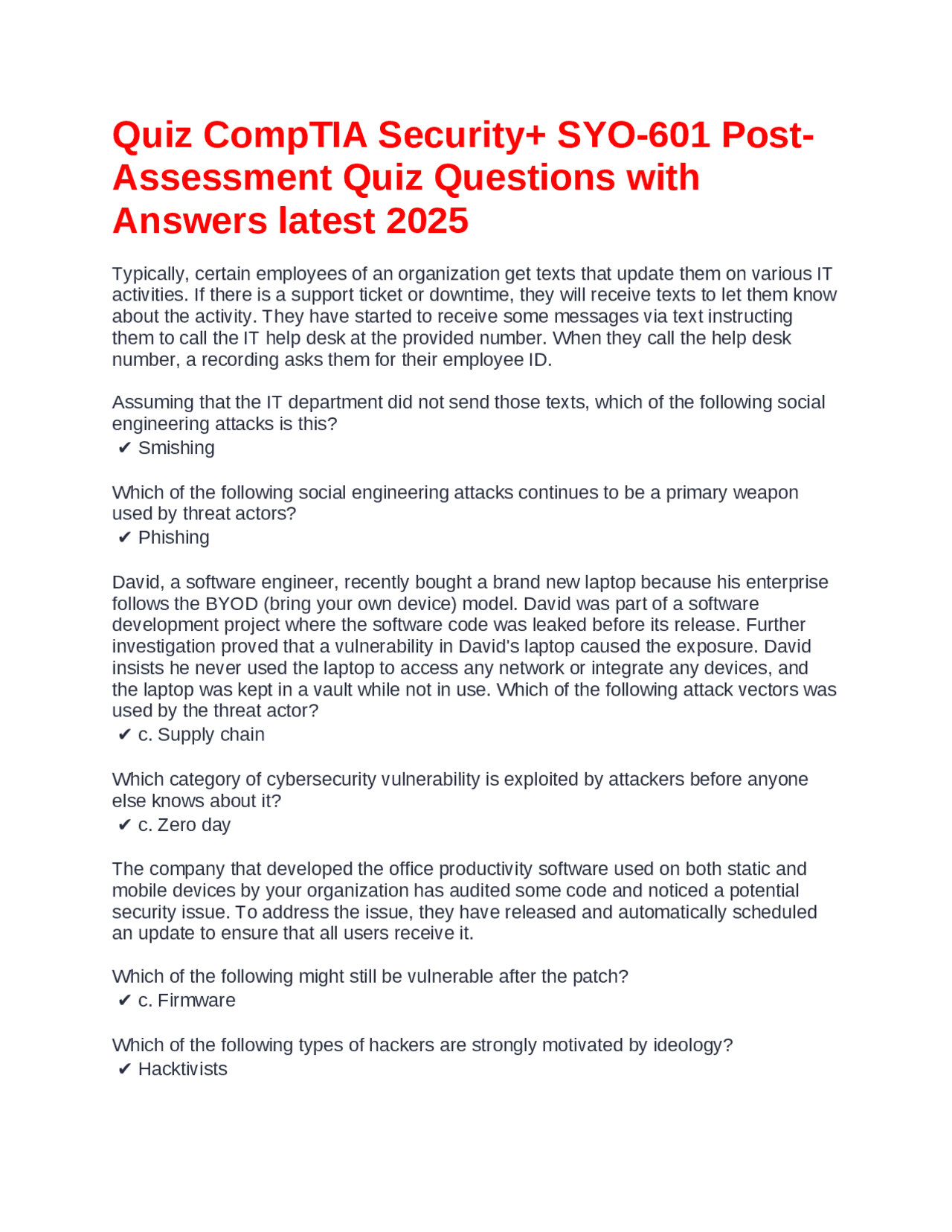 Quiz CompTIA Security+ SYO-601 Post-Assessment Quiz Questions with ...