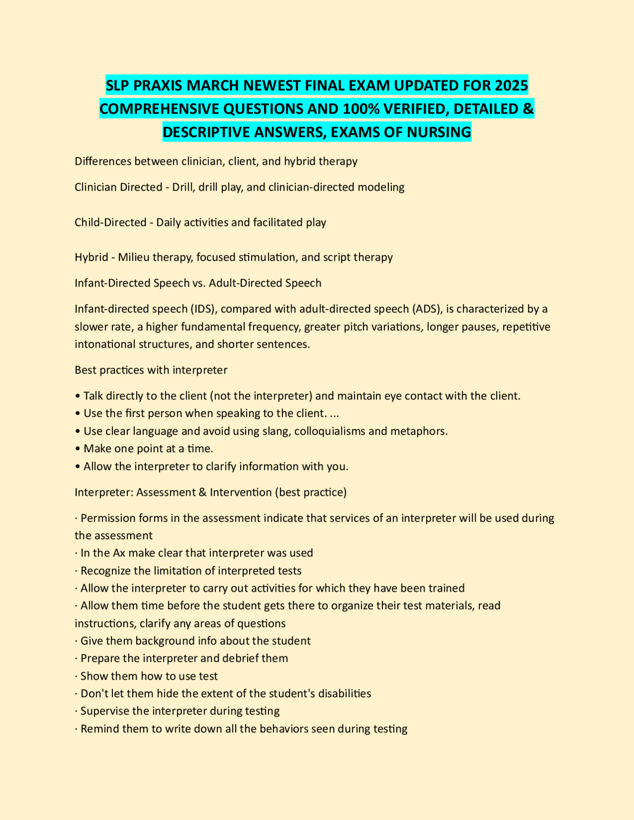 SLP PRAXIS MARCH NEWEST FINAL EXAM UPDATED FOR 2025 COMPREHENSIVE ...